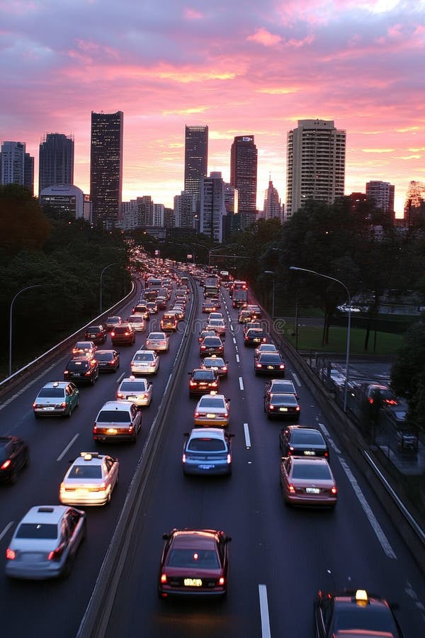 Cityscape. Rush Hour Traffic on Expressway at Sunset with Motion Blur ...