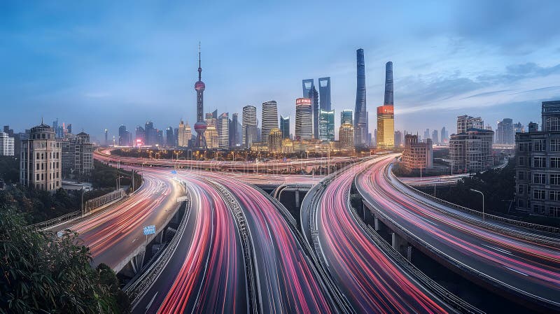 Cityscape of Shanghai at Dusk with Traffic Lights Stock Image - Image ...