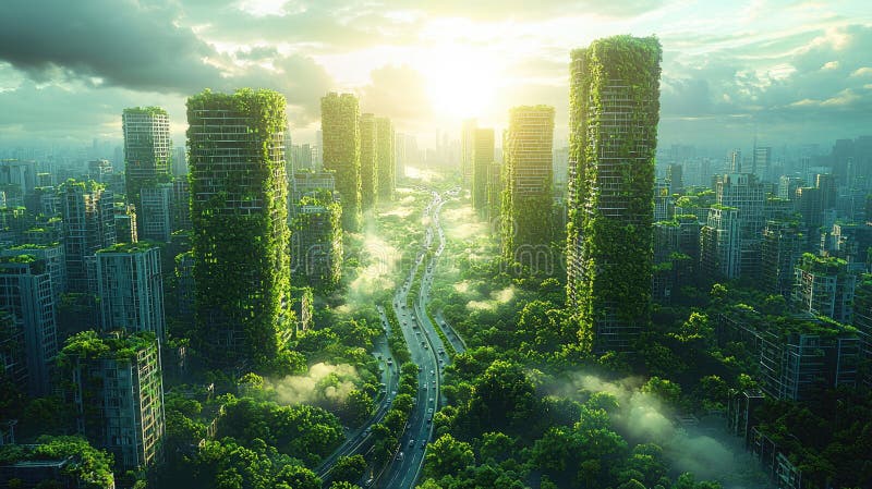 Futuristic EcoCity with Green Buildings and Lush Vegetation ...