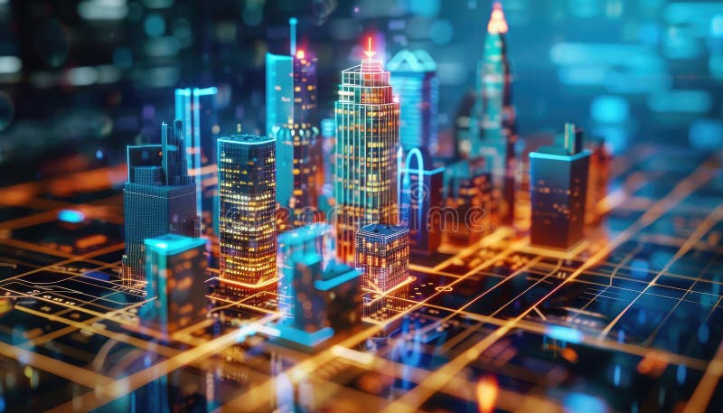 A Cityscape is Shown in a Computer Generated Image with a Bright Orange ...