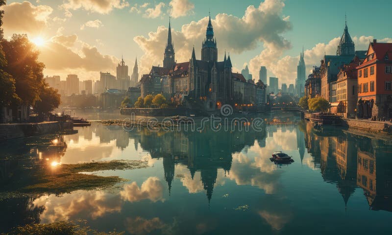 A Cityscape is Shown with a River in the Foreground, Reflecting the ...