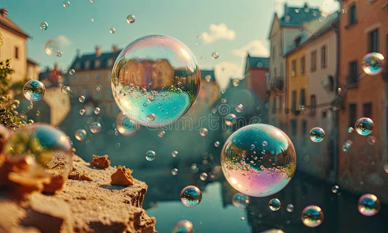 A Cityscape is Shown with Two Bubbles Floating in the Air, One in the ...