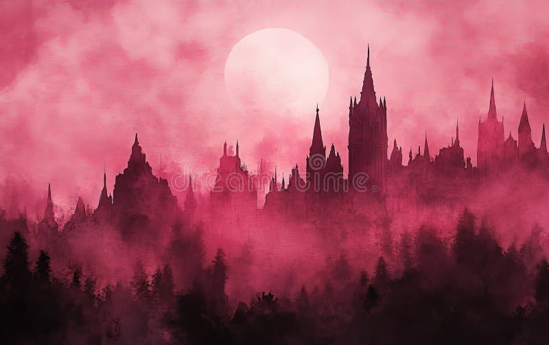 Cityscape Silhouette in Fog on Rose Background Stock Illustration ...