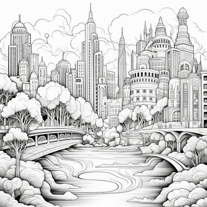 Cityscape Sketch Drawing by Black and White Stock Illustration ...