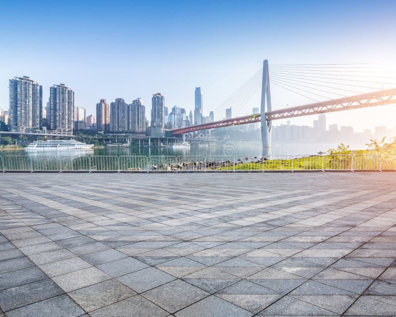 Cityscape and Skyline of Chongqing from Empty Brick Floor Stock Photo ...