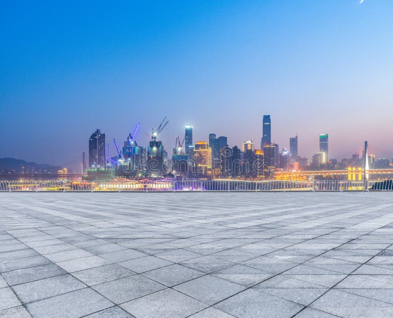 Cityscape and Skyline of Chongqing from Empty Brick Floor at Night ...