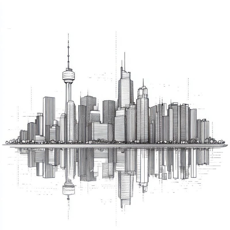 Cityscape Skyline Drawing Black and White Reflection Modern ...