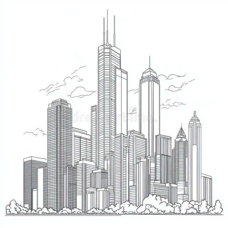Cityscape Skyline Drawing Modern Architecture Urban Scene Stock ...