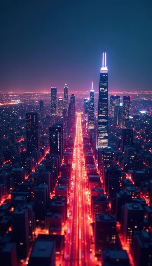 Cityscape Skyline with Glowing Abstract Network Overlay, Gradient Lines ...