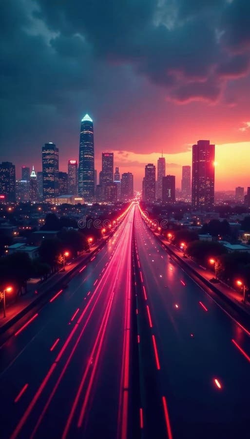 Cityscape Skyline with Glowing Abstract Network Overlay, Gradient Lines ...