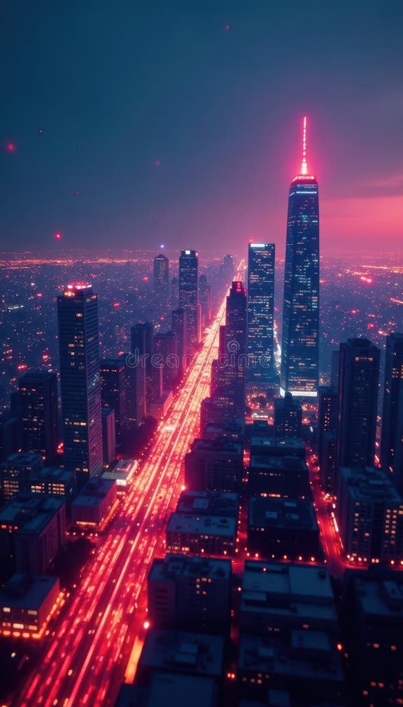 Cityscape Skyline with Glowing Abstract Network Overlay, Gradient Lines ...