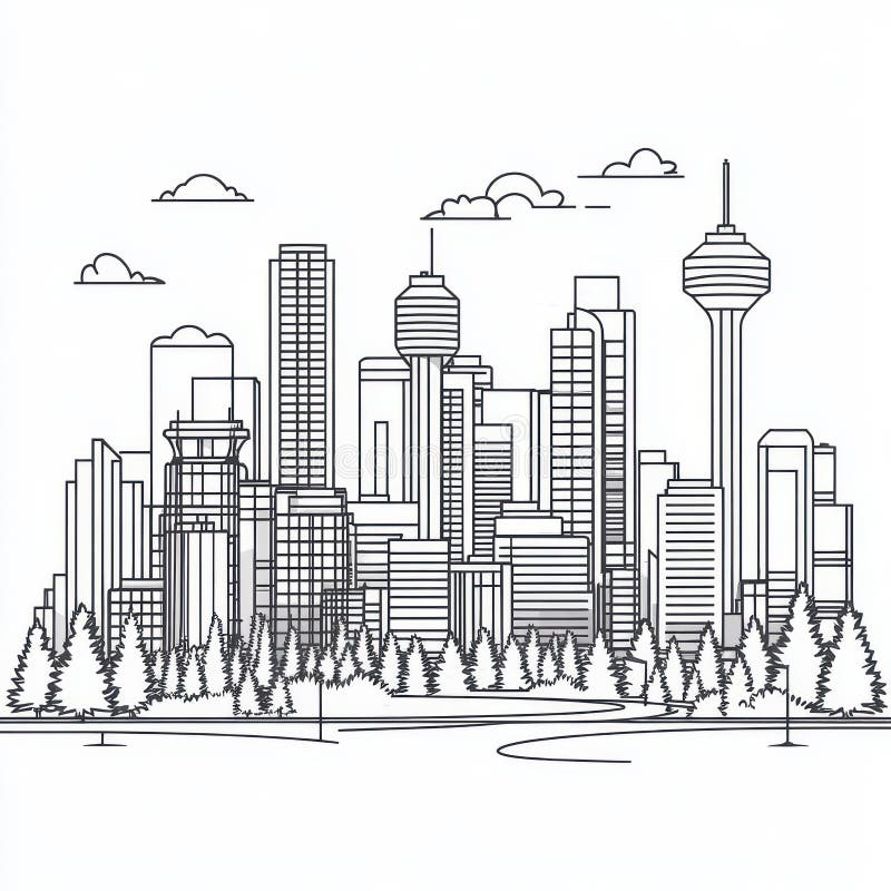 Cityscape Skyline Modern Buildings Trees Outline Drawing Stock ...
