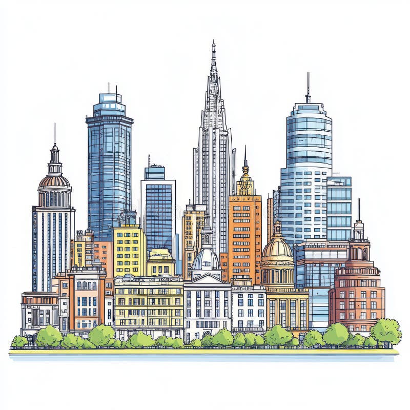 Cityscape Skyline Modern Buildings Urban Architecture Drawing Stock ...