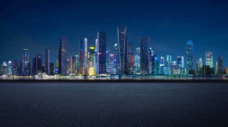 Cityscape Skyline Night Scene with Empty Asphalt Floor Editorial ...