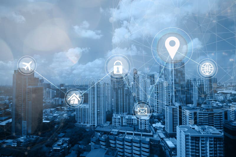 Cityscape Skyline with Smart Services and Icons, Internet and Networks ...