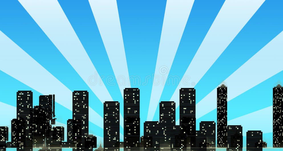 Cityscape Skyline with Sun Rays Overshadowing Buil Stock Illustration ...