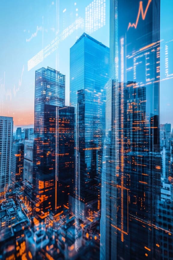 Cityscape with Skyscrapers and Digital Data Visualization at Sunset in ...