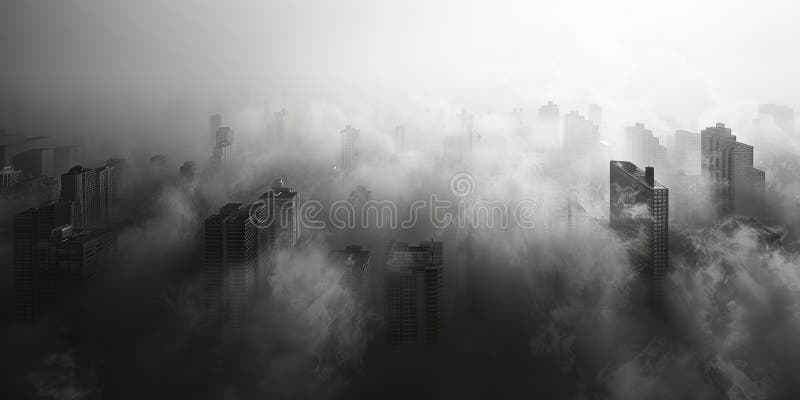 Cityscape with Skyscrapers in Fog, Panoramic Banner Stock Photo - Image ...