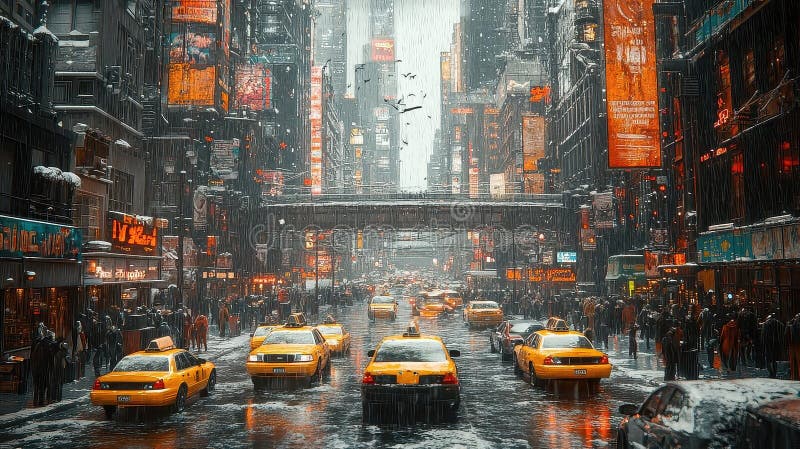 Cityscape with Snow Falling on a Busy Street in the Evening Stock ...