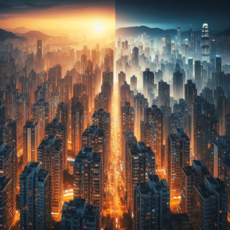 Cityscape Split by Sunset and Twilight Stock Image - Image of urban ...