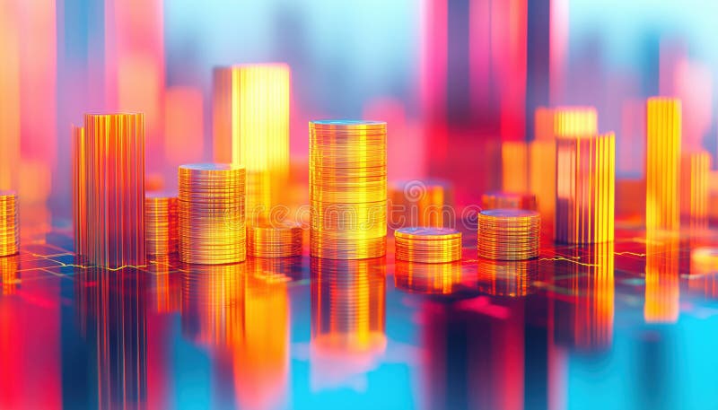 Cityscape and Stack of Coins Exposed in Double Exposure with Trading ...