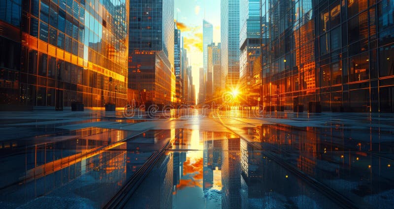 Cityscape with Suns Reflection in Water Stock Photo - Image of glass ...
