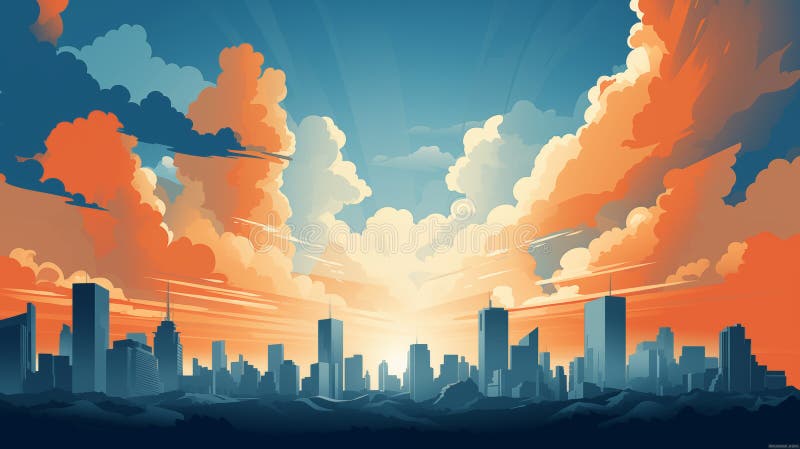 Cityscape at Sunset in Cartoon Style. Delicate Tones. Horizontal Format ...