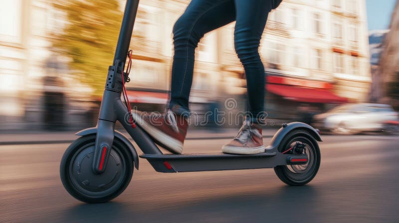 The Cityscape at Sunset is Dominated by a Black Electric Kick Scooter ...