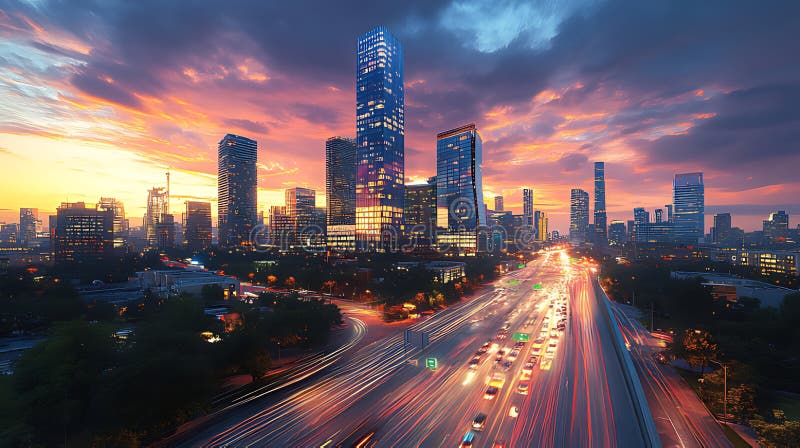 Cityscape Sunset Highway Traffic Aerial View Stock Illustration ...