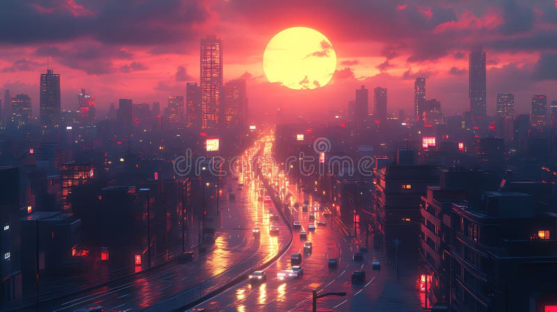 Cityscape Sunset Highway Traffic Rain Digital Art Stock Illustration ...