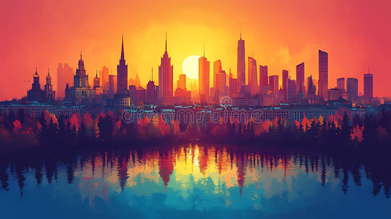 Cityscape Sunset Reflection Autumn Lake Urban Design Stock Illustration ...