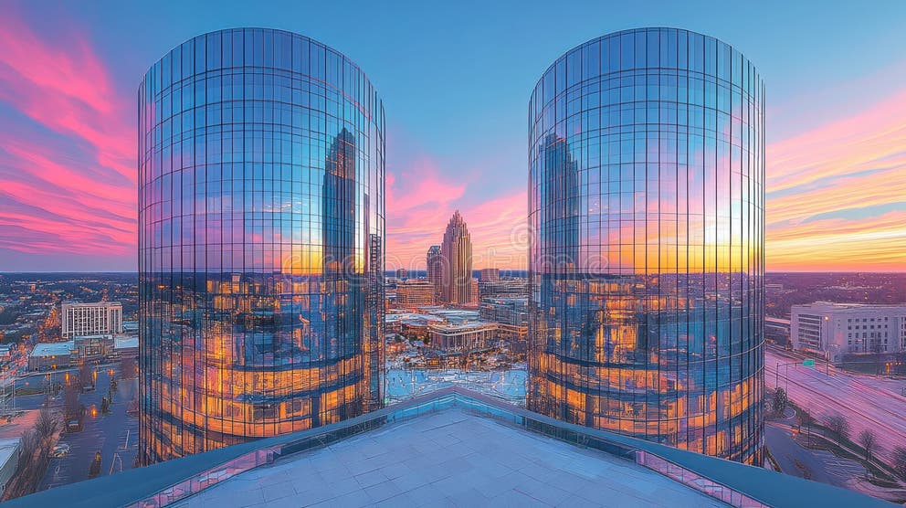 Cityscape Sunset Reflection, Twin Towers, Rooftop View Stock Photo ...