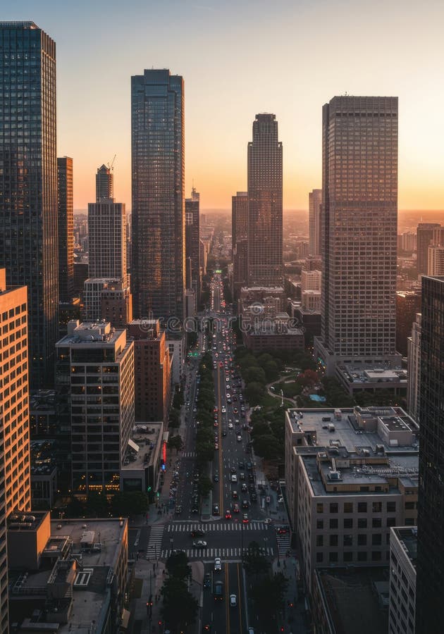 Cityscape at Sunset with Tall Buildings and Traffic Stock Image - Image ...