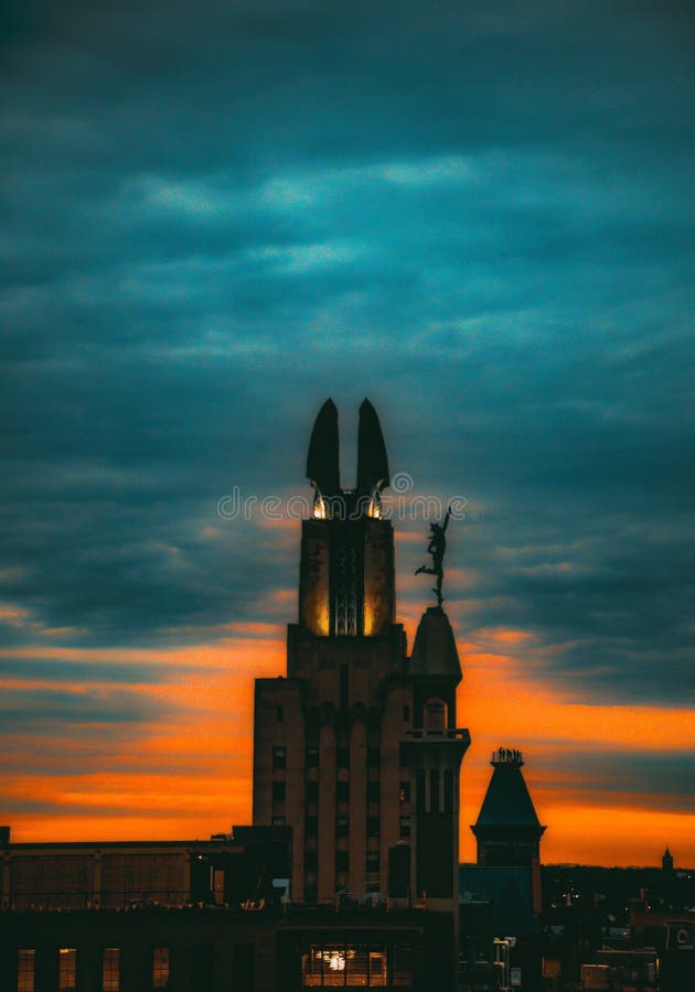 Cityscape at Sunset with Unique Rooftop Design Stock Image - Image of ...