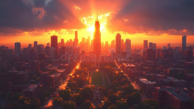 Cityscape Sunset, Urban Skyline Golden Hour Stock Illustration ...