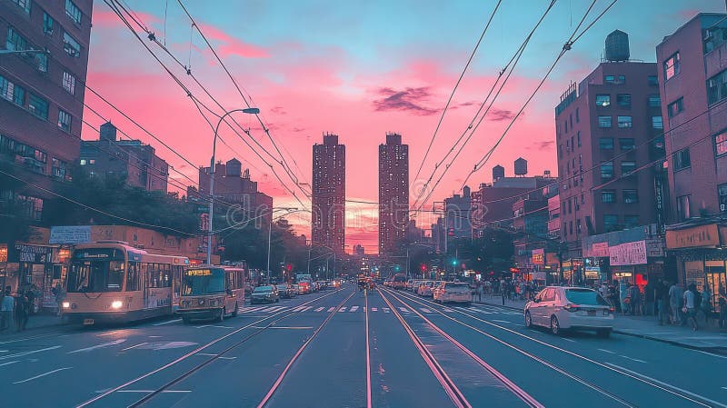 Cityscape Sunset, Urban Street Scene Stock Illustration - Illustration ...