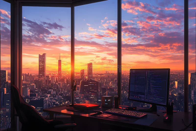 Cityscape Sunset View from a Modern Office Desk Stock Illustration ...