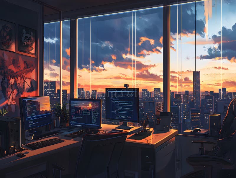 Cityscape Sunset View from Office Desk Stock Illustration ...