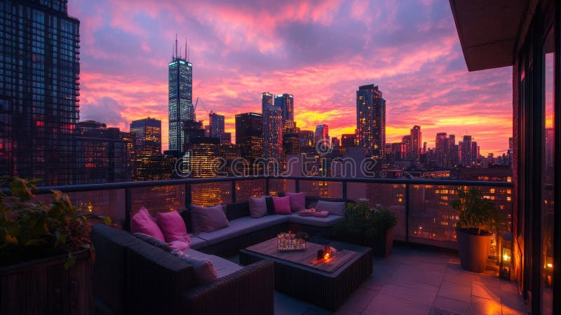 Cityscape Sunset View from Rooftop Patio Stock Illustration ...