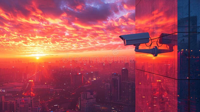 Cityscape Surveillance: Sunset View from Skyscraper Security Camera ...