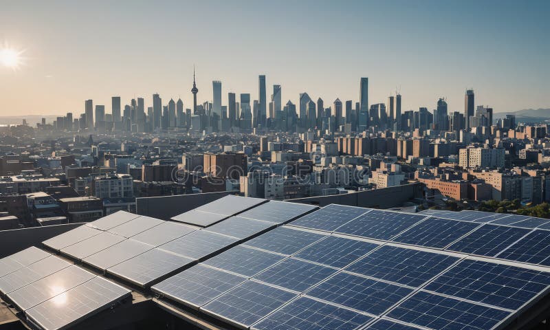Cityscape with Tall Buildings and Solar Panel Array in the Foreground ...