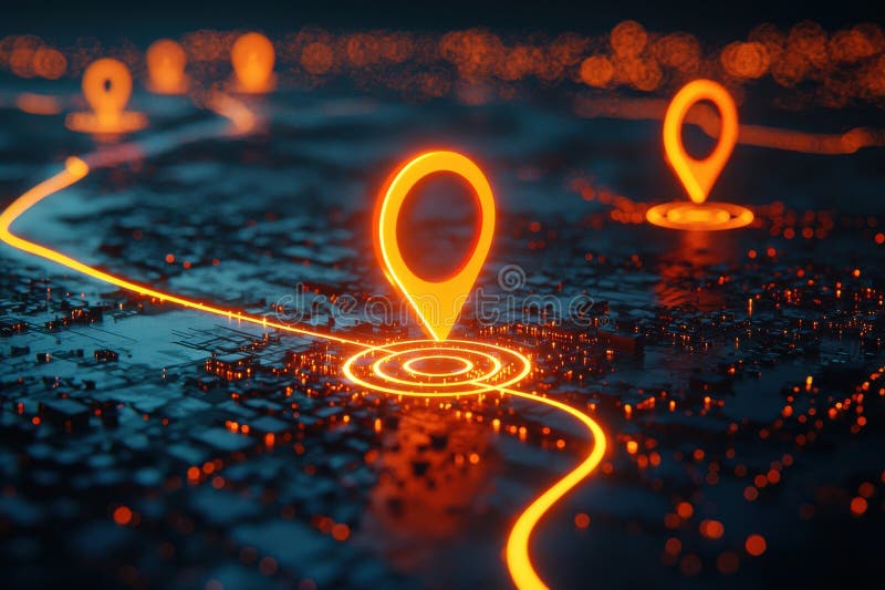 A Cityscape with Three Glowing Orange Pins on a Map Stock Photo - Image ...