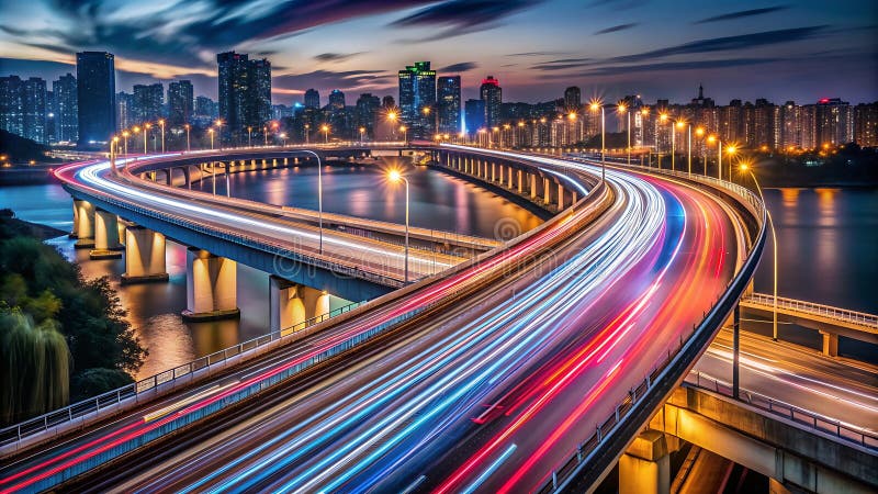 Cityscape with Traffic Lights at Night, Urban Highway Bridge Stock ...