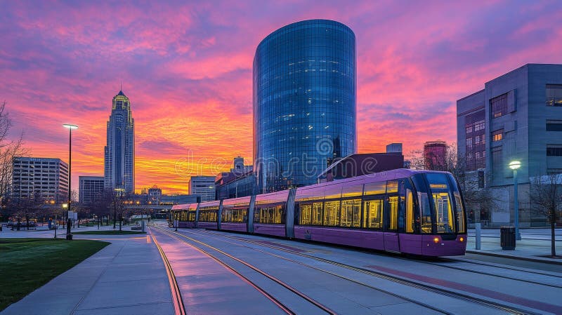 Cityscape Tram at Sunrise Modern Urban Transit Stock Illustration ...