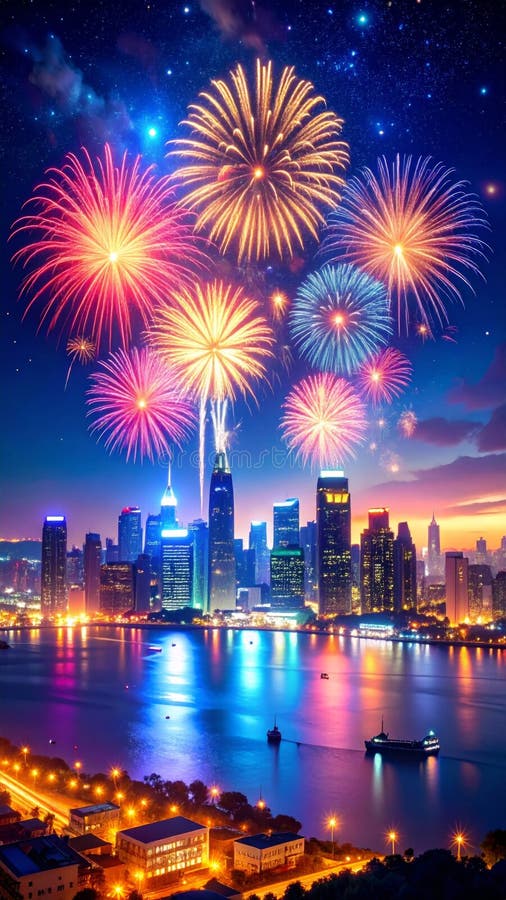 Cityscape Under Fireworks Display at Night with River Reflection and ...