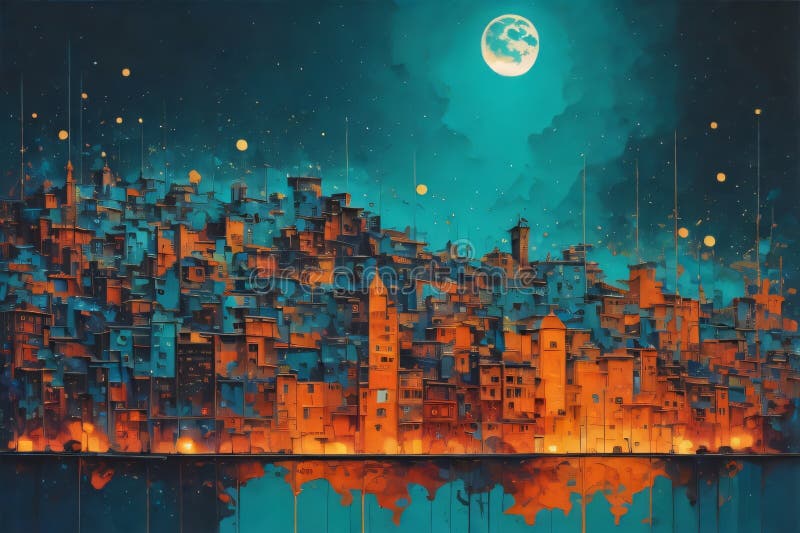 Cityscape Under Moonlight in Abstract Impressionist Style Stock ...