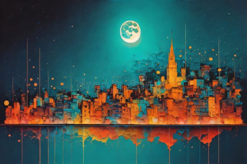 Cityscape Under Moonlight in Abstract Impressionist Style Stock ...