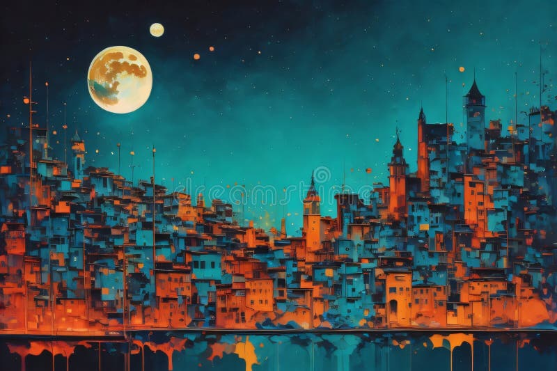 Cityscape Under Moonlight in Abstract Impressionist Style Stock ...