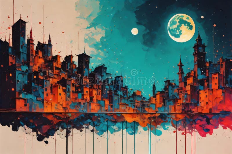 Cityscape in the Moonlight. Stock Vector - Illustration of file, leaves ...