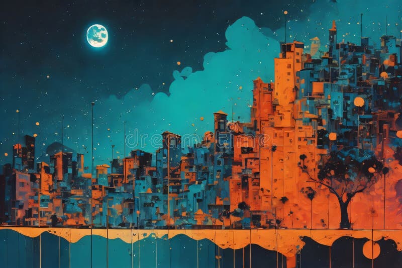 Cityscape Under Moonlight in Abstract Impressionist Style Stock ...